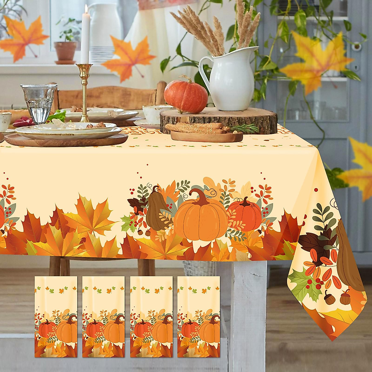 4 Pack Thanksgiving Fall Tablecloths, Pumpkin Maple Leaves Table Cloth Disposable Plastic Autumn Harvest Thanksgiving Table Cover for Dinner Kitchen Party Holiday Decorations, 54” x 108” Rectangle