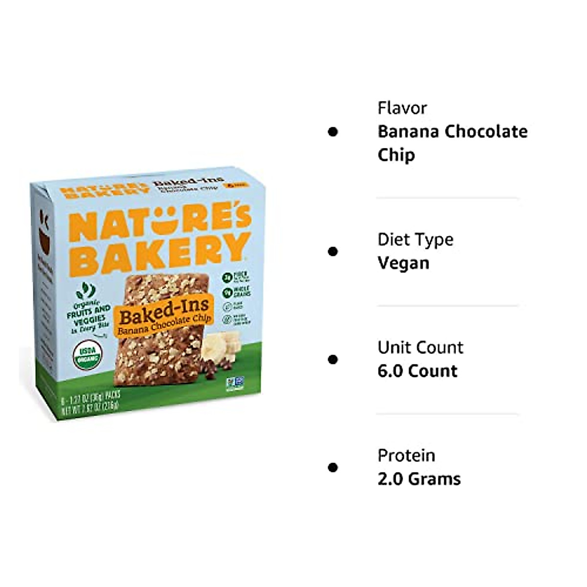 Nature's Bakery Baked-Ins Bars Banana Chocolate Chip, Organic Fruits & Veggies, Vegan, Non-GMO, Organic Snack, 1 box With 6 Packs