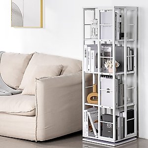 Rengue Rotating Bookshelf, 4-Tier 360 Revolving Bookcase Spinning Bookshelf Square Corner Bookshelf Organizer Storage Rack for Small Space,Bedroom, Study Room, White
