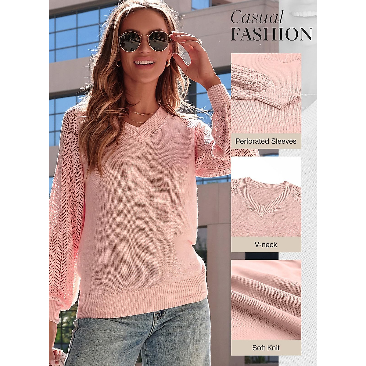 Dokotoo 2025 Fall Sweaters for Women Trendy V Neck Long Puff Sleeve Solid Color Hollow Out Fashion Casual Loose Plain Cable Knit Sweater Pullover Jumper Outerwear Pink Medium