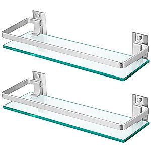 Sanbege 2-Pack Tempered Glass Bathroom Shelf with Rail, 15" x 4.5" Rectangular Shower Caddy, Wall Mounted Floating Shampoo Holder for Lavatory, Kitchen, Living Room