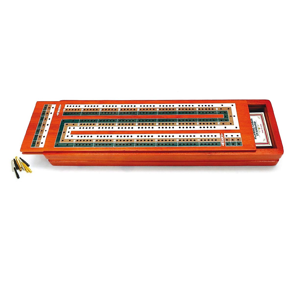 CRIBBAGE BOARD GAME SET. UNIQUE LARGE WOODEN CONTINUOUS 3 TRACK BOARD WITH LARGER STORAGE AREA, 9 METAL PEGS AND 2 DECKS OF PLAYING CARDS. TRAVEL PORTABLE CRIBBAGE PERSONALIZED BOARDS CARD GAME SETS