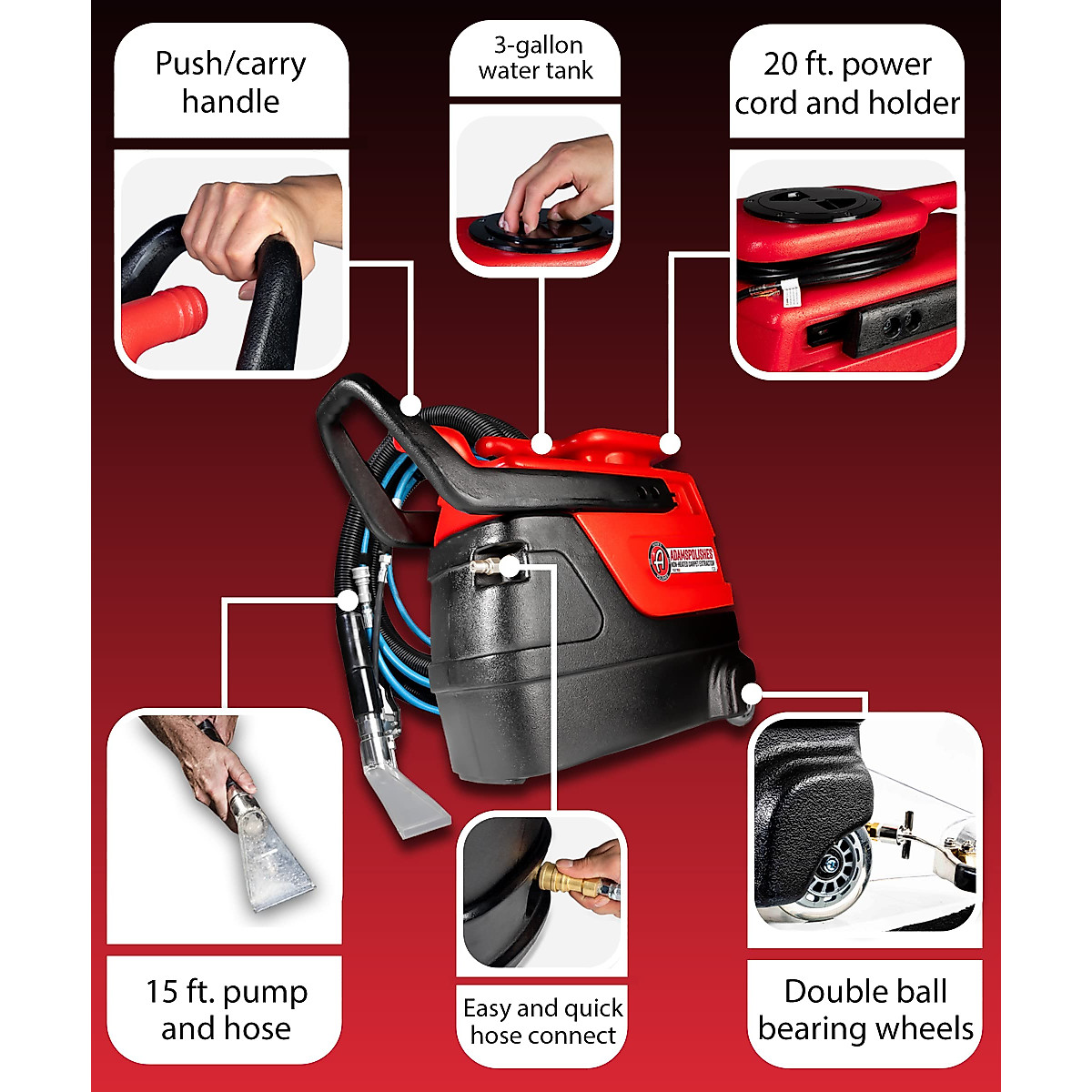 Adam's Polishes Non-Heated Carpet Extractor, Powerful Spot and Upholstery Cleaner, Clear Hand Tool, 15 Foot Hose, Easy Dirt and Spot Removal for Vehicles
