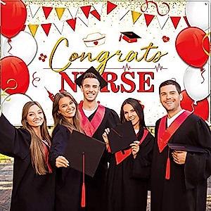 Nurse Graduation Party Banner Large Gold Red Nurse Theme Congrats Nurse Backdrop Photo Prop Background with Rope for Nurse Graduation Party Indoor Outdoor Decor Supplies, 72.8 x 43.3 Inch
