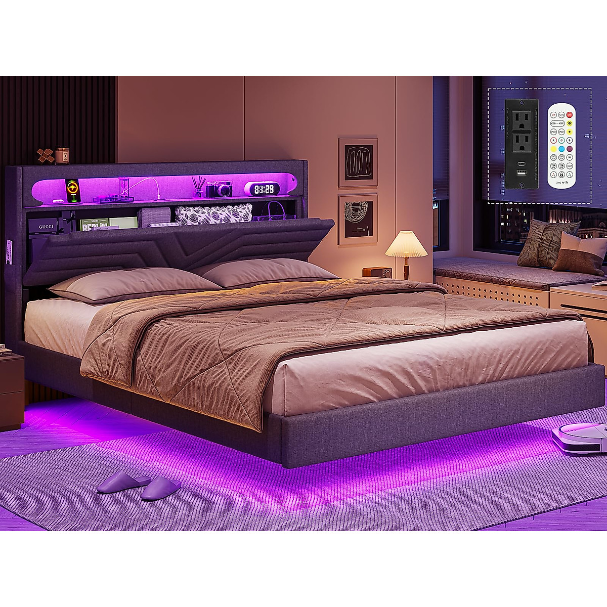 BTHFST Queen Floating Bed Frame with RGB LED Lights Headboard, USB-C/A Power Combo, Linen Upholstered Platform Bed with Storage Headboard, Innovative Stable Structure, Dark Gray