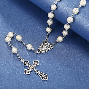 Catholic Pearl Beads Rosary Necklace Metal Beaded Miraculous Medal & Cross Rosary for Women (Silver)