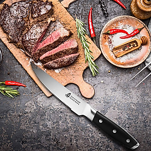 TUO Serrated Steak Knife - 5 inch Professional Kitchen Steak Knife Set 4 - Table Dinner Knife - German HC Stainless Steel Non Slip Pakkawood Handle - BLACK HAWK SERIES Including Gift Box