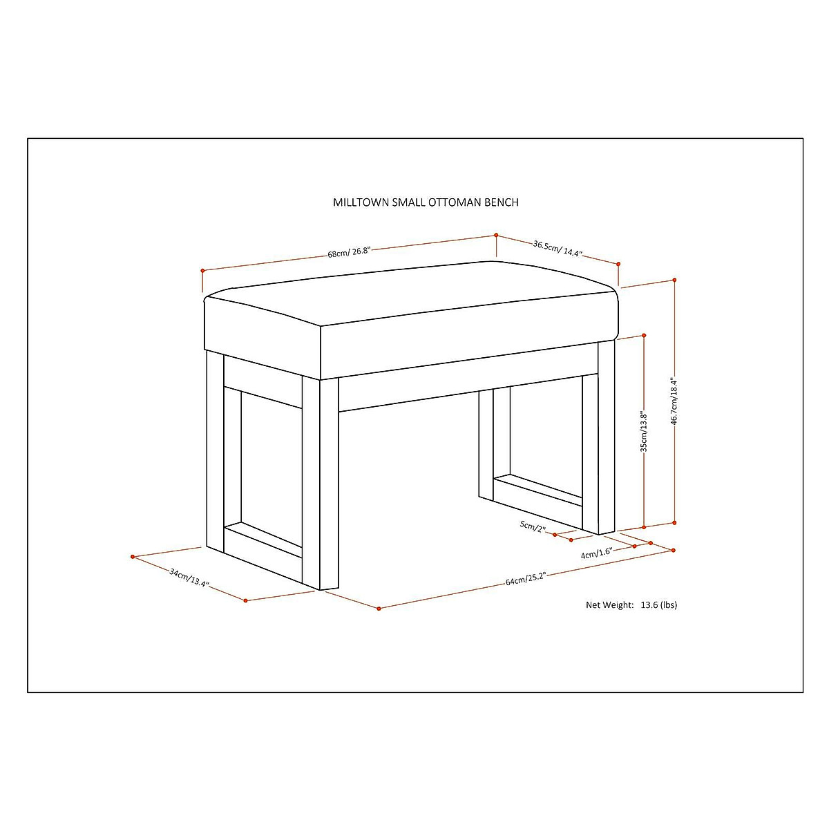 SIMPLIHOME Milltown 26 inch Wide Rectangle Ottoman Bench Grey Footstool, Linen Look Polyester Fabric for Living Room, Bedroom, Contemporary Modern