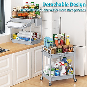 SPACEKEEPER Rolling Storage Cart, 4-Tier Bathroom Organizer Utility Cart Laundry Room Organization Mobile Shelving Unit with Towel Rack, Lockable Wheel, Hooks & Cup for Kitchen Bedroom Office, Grey