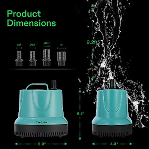 VIVOSUN 850GPH 60W Submersible Pump for Fish Tank, Pond, Aquarium, Hydroponic Systems with 5ft Power Cord and 4 Nozzles Blue