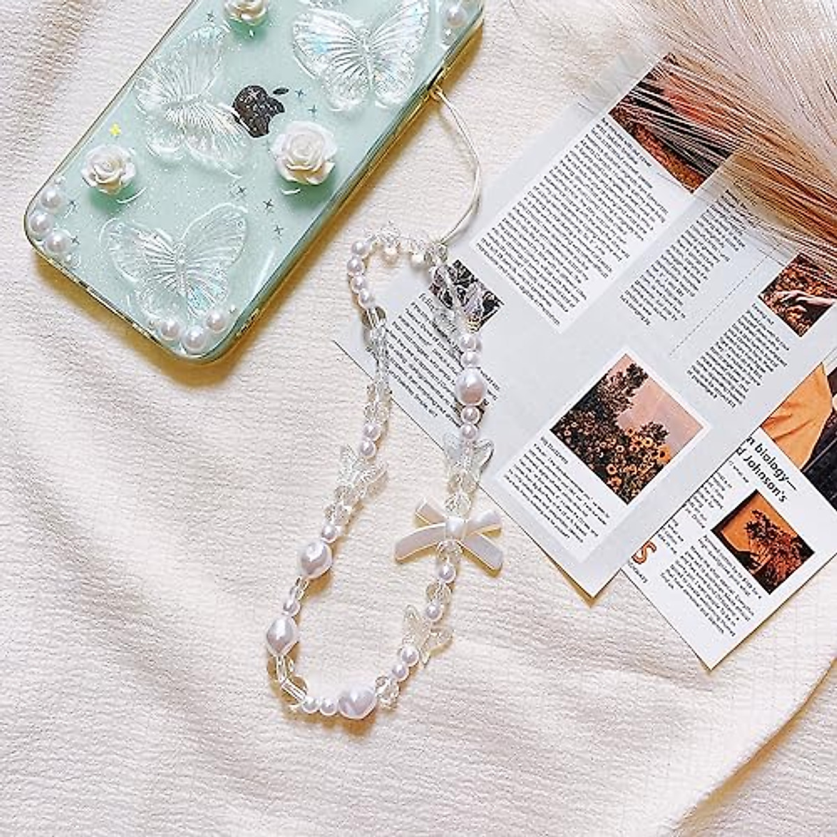 Faneiy for iPhone 13 Mini Case with Charm Chain Butterfly Flower 3D Cute Phone Case,Crystal Clear Shiny Case with Wrist Bracelet Pearl Shockproof for iPhone 13 Mini Case 5.4''