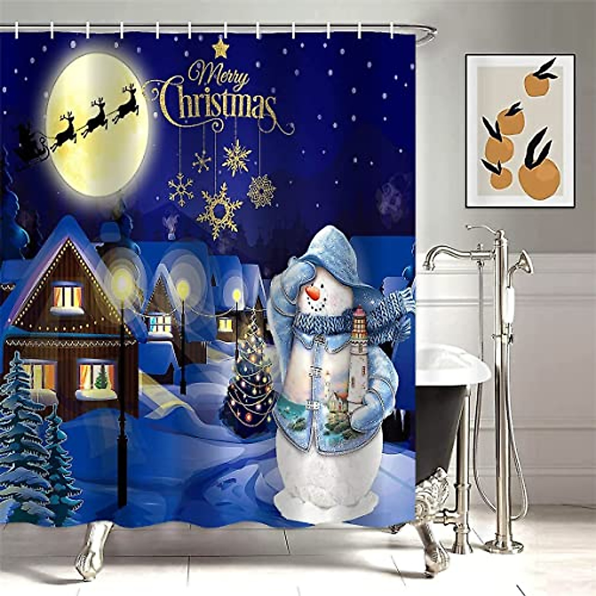 4 Piece Christmas Shower Curtain Set with Non-Slip Rug, Toilet Lid Cover, Bath Mat and 12 Hooks, Waterproof Shower Curtain Set for Bathroom