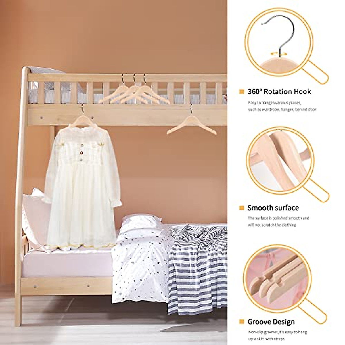 Nature Smile 20 Pack Unfinished/Natural Kids Baby Children Toddler Wooden Shirt Dress Coat Hangers with No Painting - 360°Stronger Anti-Rust Chrome Swivel Hook - Extra Smoothly Cut Notches