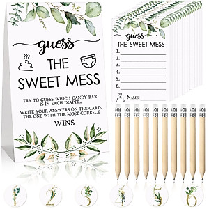 67 Pcs Guess The Sweet Mess Baby Shower Game Dirty Diaper Game Including Guess The Sweet Mess Sign 50 Small Cards 10 Pencils and 6 Number Stickers for Baby Shower Gender Reveal Party (Leaves)
