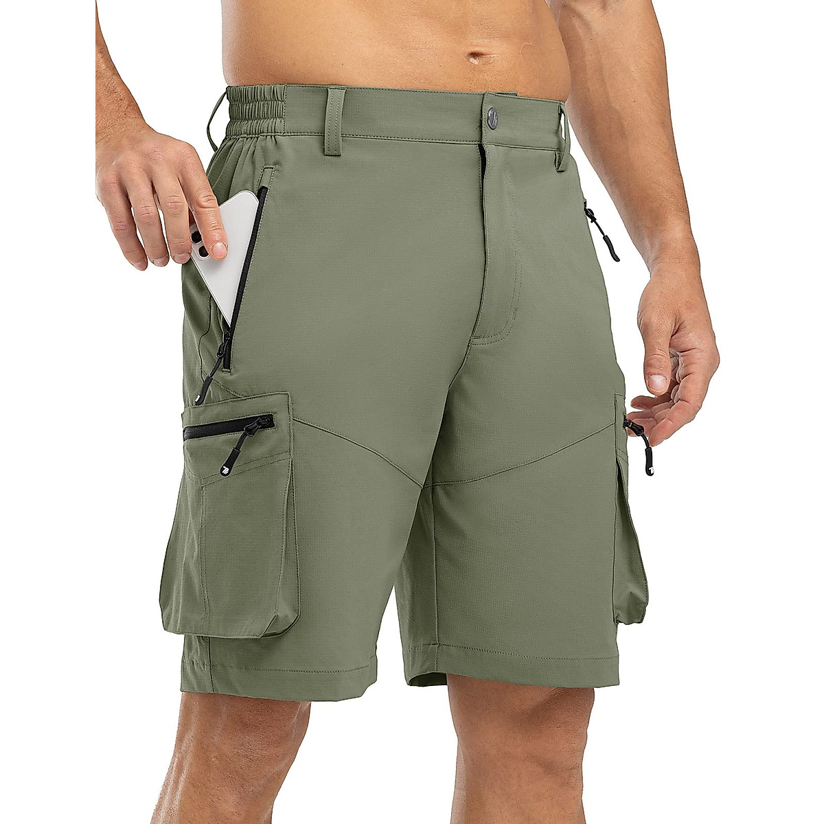 TBMPOY Men's Hiking Work Shorts Quick Dry Cargo Outdoor Athletic Short for Men Zip Pockets Camping Fishing Sage Green 34