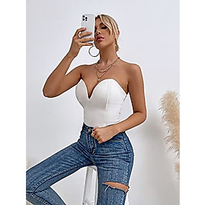 Clothink Women Strapless Velvet Bodysuit Back Lace Up Jumpsuit,Sexy Bodysuit Top Playboy Bunny Halloween Costume White M