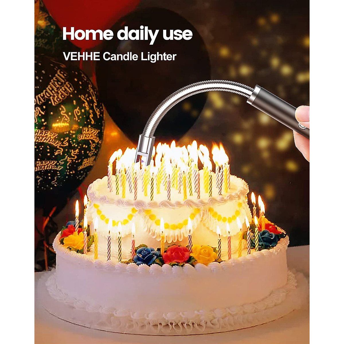 VEHHE Candle Lighter, 2 Pack Rechargeable Electric Lighter with LED Battery Display Safety Switch, Flexible Neck USB Lighter for Candles Camping Grill Gas Stoves Cooking (Black & Pink)