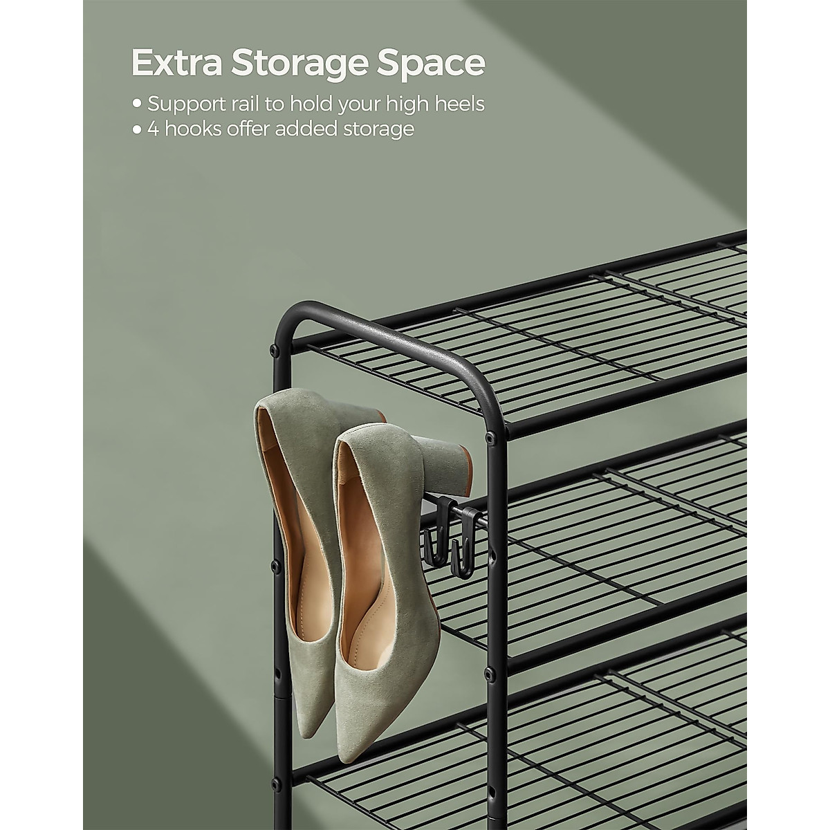 SONGMICS Shoe Rack, 3-Tier Shoe Organizer, Metal Shoe Shelf Storage with 4 Side Hooks, Holds 12 Pairs of Shoes, Height-Adjustable Shoe Rack for Entryway, Hallway, Closet, Easy Assembly, Ink Black