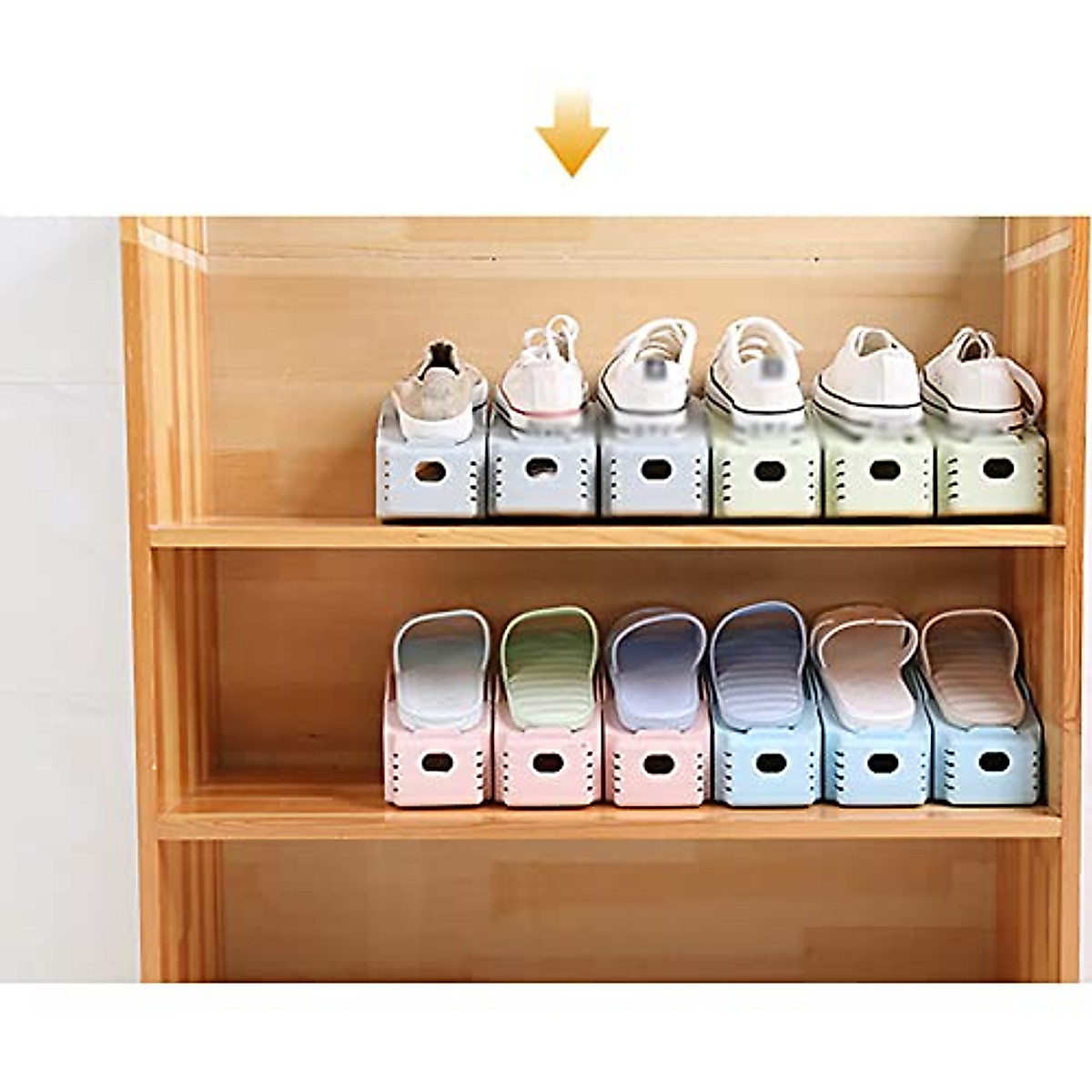 ZANBANG Thicking Shoe Slots Organizer,6 Pack Adjustable Shoe Stacker for Closet Organization with 3 Level ZML-285 (Blue)