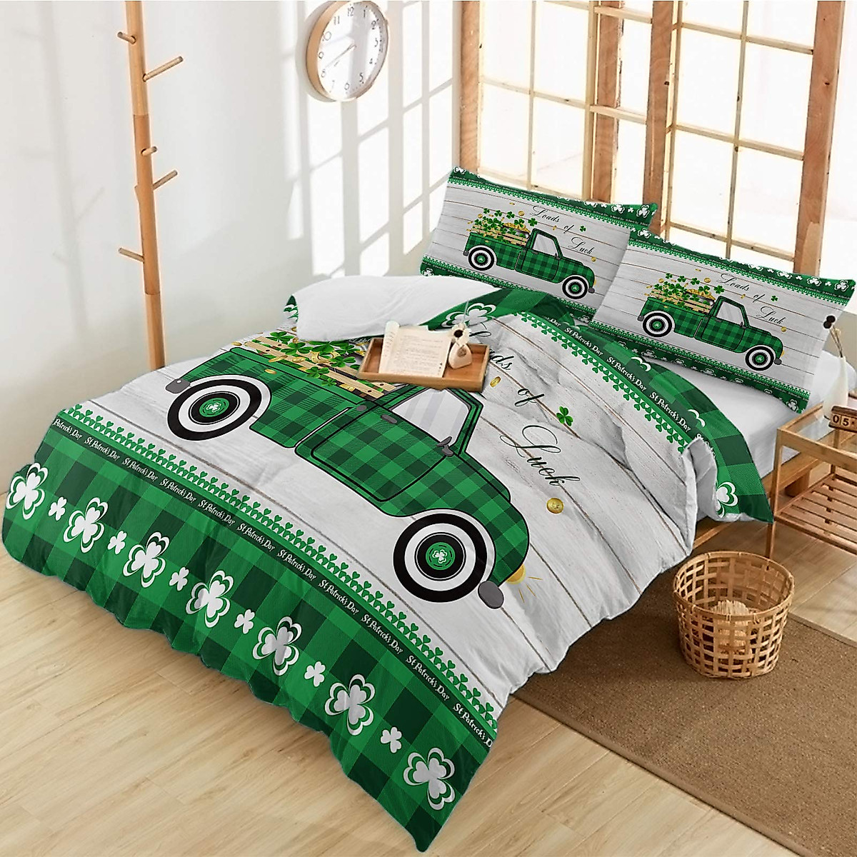 3 Pieces Duvet Cover Cal King Bedding Sets St. Patrick's Day Green Shamrock Plaid Retro Wood Board Soft Comforter Cover with Pillowcases Spring Clover Coin Microfiber Quilt Covers Set for Bedroom