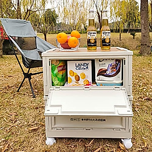 YOHOUYEAR Folding Storage Box with Wooden Lids and Doors,47.5 Qt./45L Stackable Collapsible Closet Organizer,Outdoor Multifunctional Plastic Bins,Camping,Car Trunk,Home Sorting