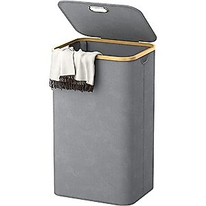 Homykic Laundry Basket with Lid, 97L Large Hamper Clothes Storage Basket with Bamboo Handles, Foldable Tall Laundry Organizer for Dorm, Bathroom, Bedroom, Clothing, Blanket, Light Grey