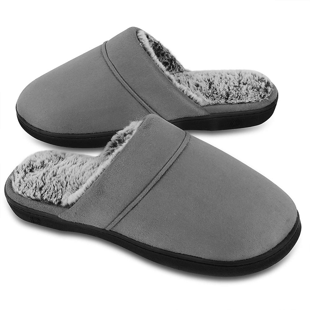 DL Memory Foam Slippers with Fuzzy Plush Lining, Slip-On House Slippers for Men & Women, Anti-Skid Rubber Sole, Indoor/Outdoor, Grey, 9-10