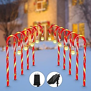 Christmas Lights Outdoor Waterproof, 10 Pcs 21’’ Candy Cane Lights Solar Outdoor Lights with 8 Lighting Modes,2 Types of Power Supply Solar Powered & Plug-in for Garden,Home Christmas Decorations