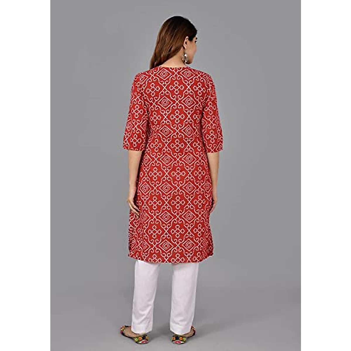 Vrnda Women's Cotton Straight Bandhej Printed kurta With Yoke Embroidery Red Kurti with White Pant and printed Dupatta Set (L)