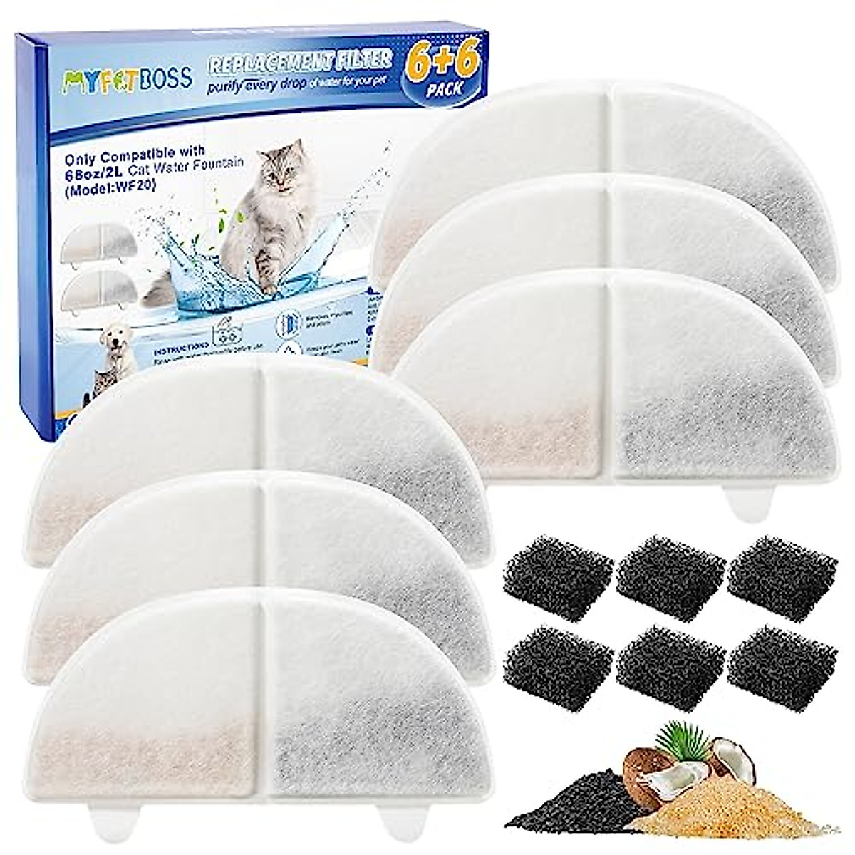 MyfatBOSS WF20/CF20 Cat Water Fountain Filter Replacement for Wireless Pumps Pet Water Fountain, 6 Pack Pet Fountain Filter Replacement with 6 Pack Water Pump Filter