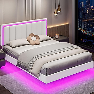 IMMERSTABLE Floating Bed Frame Queen with RGB LED Lights, Upholstered Bed Frame Queen with Headboard, Solid Wood Slats Support, Queen Bed Frame No Box Spring Needed, Noise-Free, Easy Assembly, White