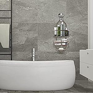 YUNWANG Bathroom Shower Caddy Over Shower Head，Stainless Steel Shower Caddy Hanging for Shampoo and Conditioner，Shower Rack with Hooks for Razors Towels，Sliver，24.8x11x3.9 Inch