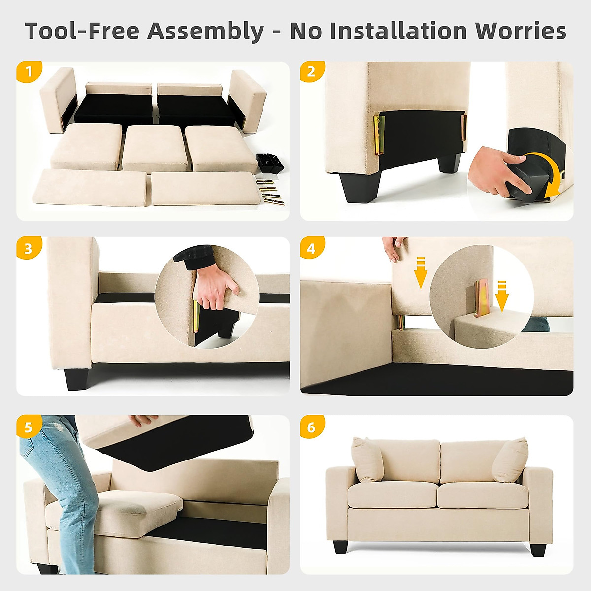 DWVO 60" Sofa, Comfy Upholstered Sofa Couch with Extra Deep Seats, Modern Loveseat for Living Room Apartment Office, Fabric 2 Seater Couch with Side Pockets, Easy Assembly, Beige Chenille