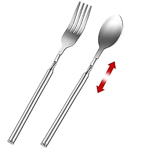 GEEHUA Extendable Fork Spoon, Telescopic Fork and Spoon Set Stainless Steel Long Fork Retractable Dining Spoons Expandable Extension Fork Spoon for BBQ Fruit Dessert Extender to 25.2"