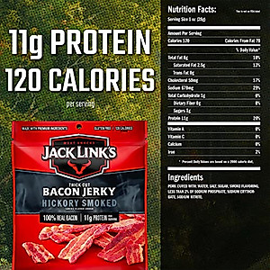 Jack Link's Bacon Jerky, Hickory Smoked, 2.5 oz. Bag - Flavorful Ready to Eat Meat Snack with 11g of Protein, Made with 100% Thick Cut, Real Bacon - Trans Fat Free (Packaging May Vary)