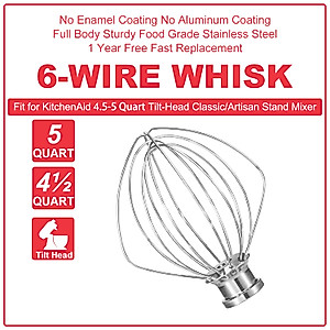 K45WW Stainless Steel Wire Whip for KitchenAid Artisan Series Tilt-Head Mixer 5 Quart Bowl, 6 Wire whisk Fits for Artisan Mixer, Heavy Duty, Dishwasher Safe, Balloon Whisk