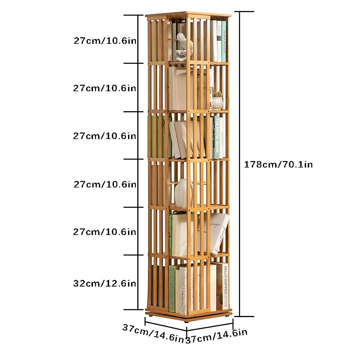 FLTRGO 6-Tier Corner Book Shelf, Student Bookshelf, 360° Bamboo Rotating Storage Display Rack Standing Shelves with Open Design Shelving for Living Room Study Room Office, Natural