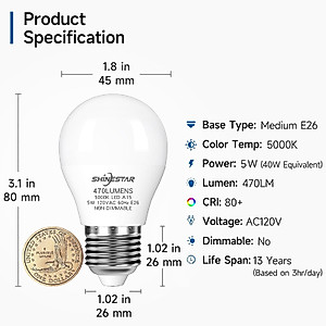 SHINESTAR 8-Pack Ceiling Fan Light Bulbs, A15 LED Bulb with E26 Base, 40W Equivalent, 5000K Daylight White, Non-Dimmable