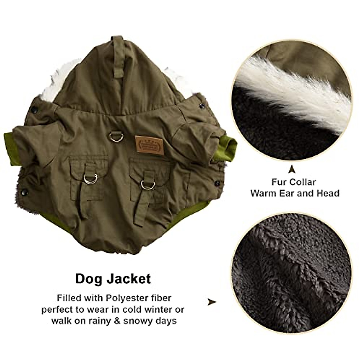 Hollypet Dog Coat Dog Jacket Pet Hoodie Pet Outdoor Jacket Warm Plaid Vest Winter Cold Weather Dog Apparel for Small Medium Large Dogs Furry Collar, Green, M