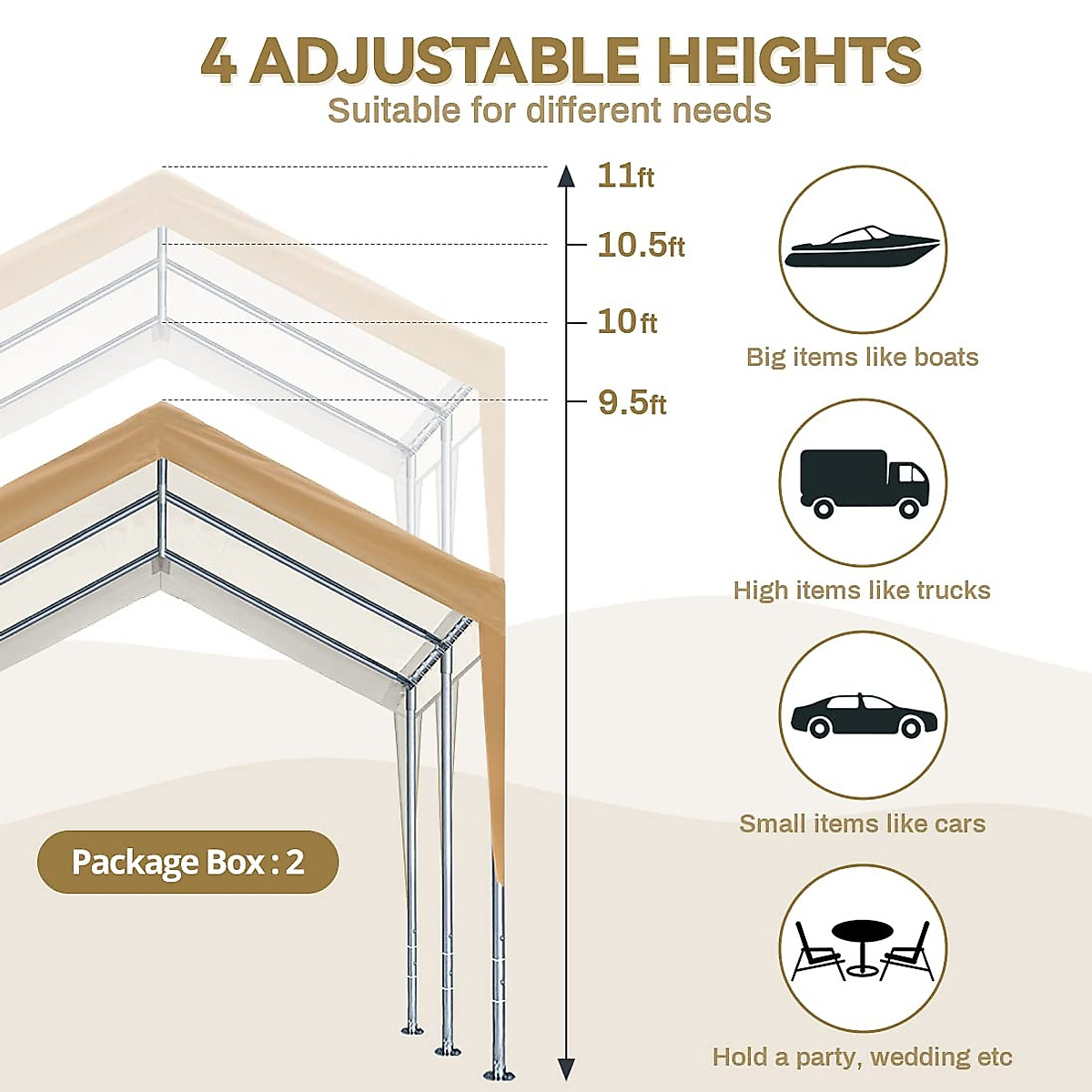 ADVANCE OUTDOOR 10x20 ft Steel Carport with Adjustable Height from 9.5 to 11 ft, Heavy Duty Car Canopy Garage Party Tent Boat Shelter Portable, Beige