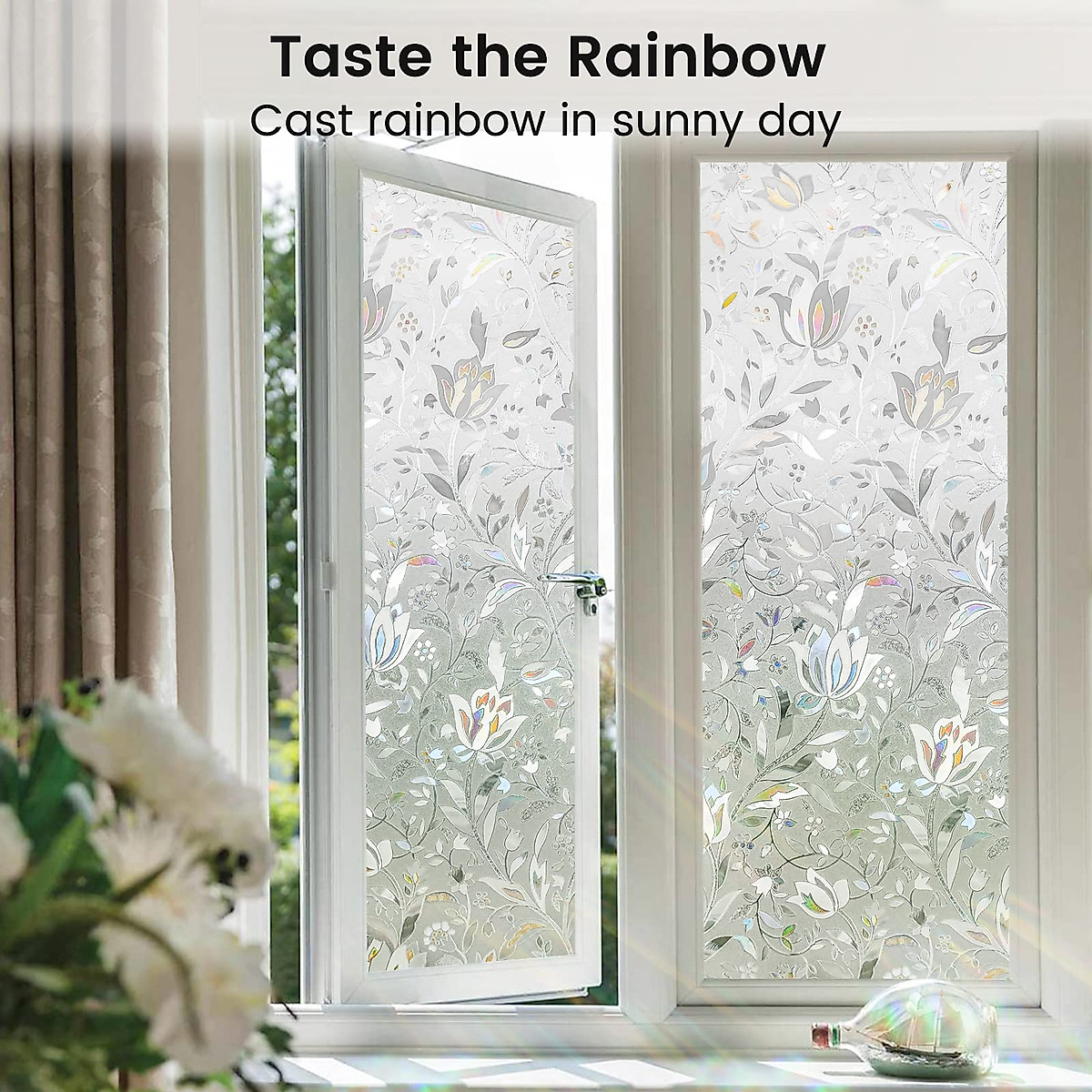 rabbitgoo Window Privacy Film, Decorative Stained Glass Window Film, Sun Blocking Glass Clings, Renter-Friendly Static Cling Frosted Sticker Covering for Home Door, Rainbow Tulip 17.5" x 78.7"