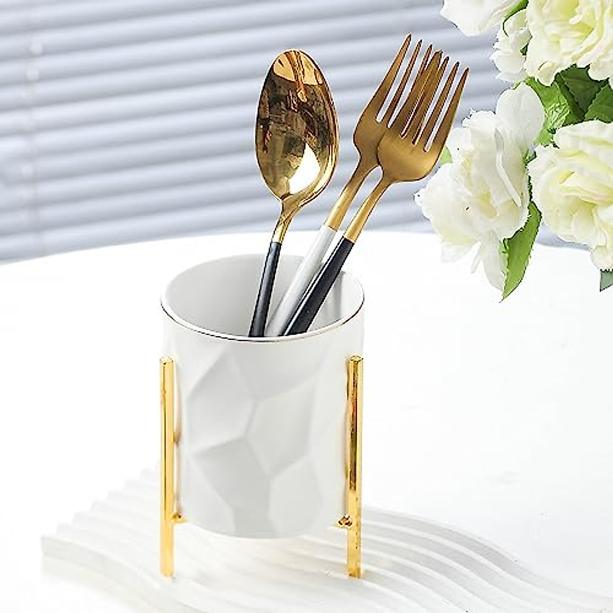 YOSCO Kitchen Utensil Holder,Ceramic Silverware Holder,Flatware Organizers with Golden Metal Frame for Home, Kitchen,Restaurant,Countertop (White)