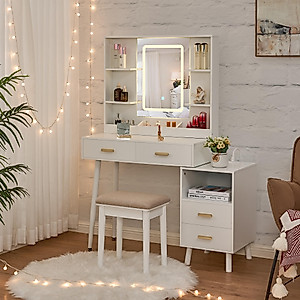 BEWISHOME Vanity Desk, White Vanity with Charging Station & Nightstand, Makeup Desk Makeup Vanity with Lights with 3 Colors Modes, Makeup Table Vanity Table with Stool Dressing Table Vanity Set FST18W