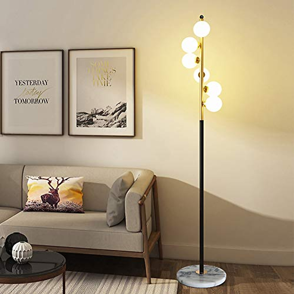 Hsyile Lighting KU300205 White Glass Shade and Marble Base Elegant Modern Creative Floor Lamp for Living Room,Bedroom,Office,6 Lights