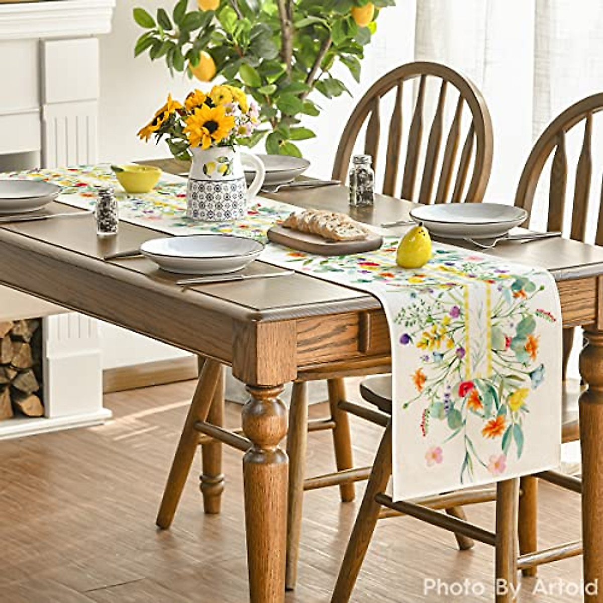 Artoid Mode Flower Floral Table Runner, Spring Summer Seasonal Kitchen Dining Table Decoration for Indoor Outdoor Home Party Decor 13 x 72 Inch