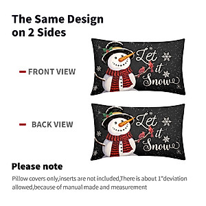 Let it Snow Christmas Black Lumbar Pillow Covers 12X20 Inch Xmas Snowman Snowflake Decorative Rectangle Pillow Cases Set of 2 Winter Holiday Home Decor Cotton Linen Throw Pillows For Couch Outdoor