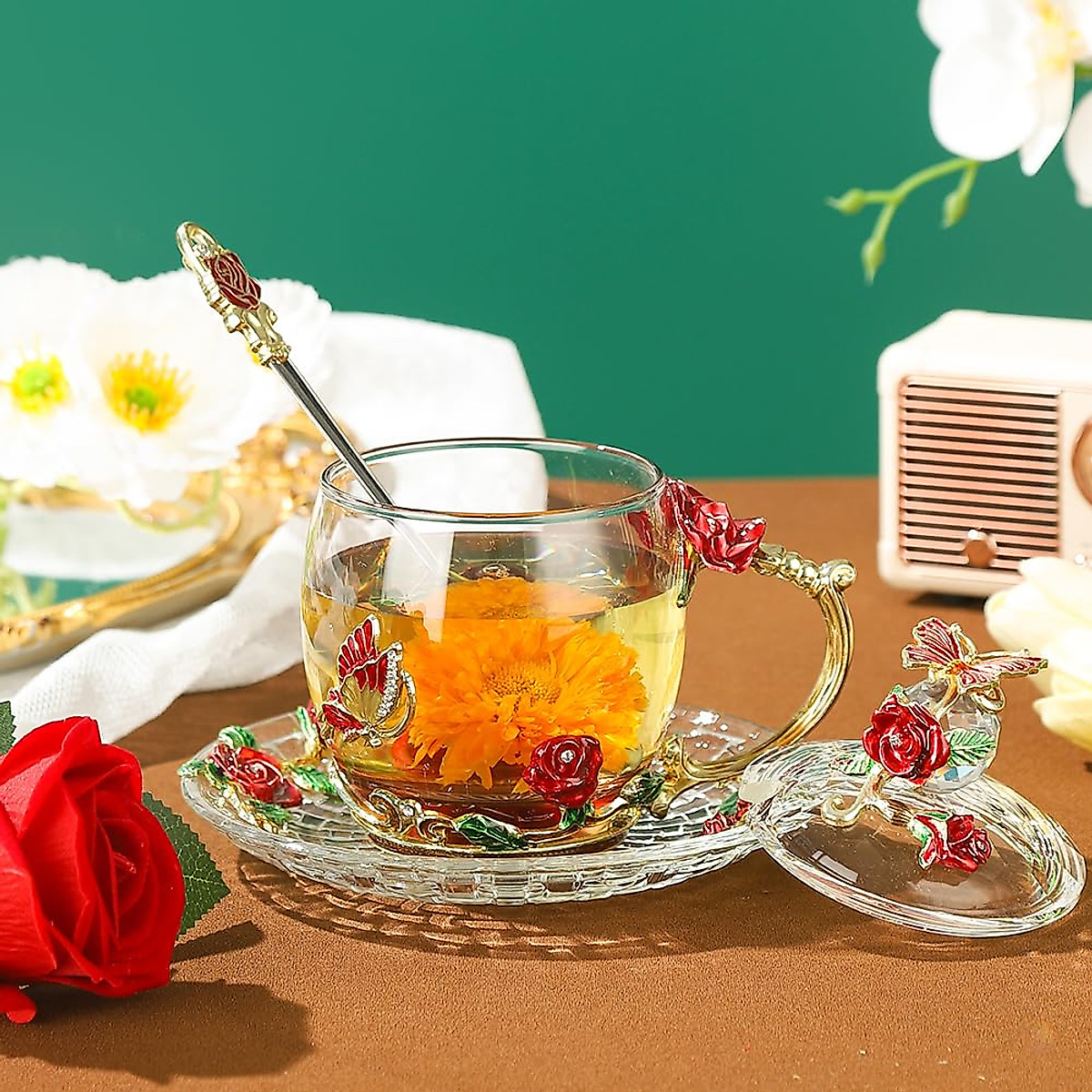 LANTREE Crystal Tea Cup Coffee Mug with Lid Saucer Spoon Birthday for Women Friends Female Grandma Mum Sister Home Decoration(Short Red)