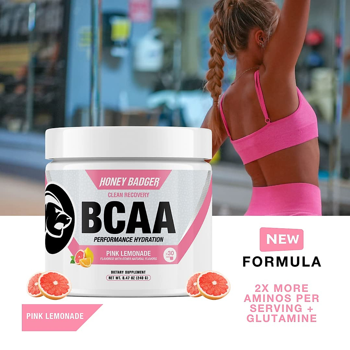 Honey Badger BCAA + EAA Amino Acids Electrolytes Powder, BCAAs + L-Glutamine, Keto, Vegan, Sugar Free for Men & Women, Hydration & Post Workout Muscle Recovery Drink Mix, Pink Lemonade, 30 Servings