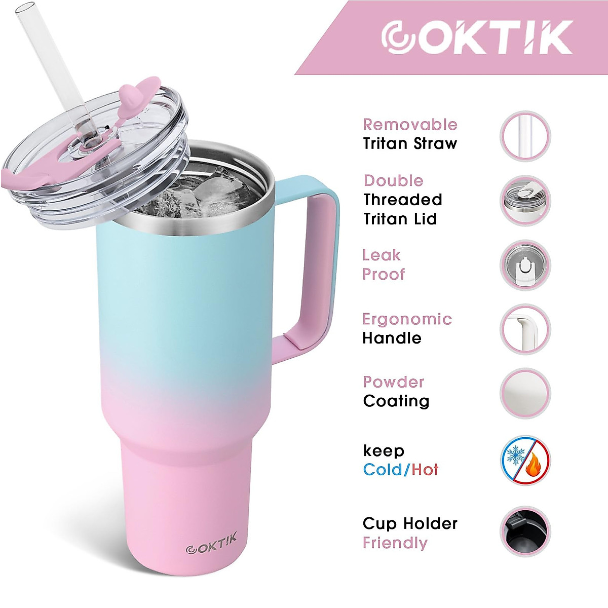COKTIK 40 oz Tumbler With Handle and Straw Lid, 2-in-1 Lid (Straw/Flip), Vacuum Insulated Travel Mug Stainless Steel Tumbler for Hot and Cold Beverages,Easy to Clean (Bubble Gum)