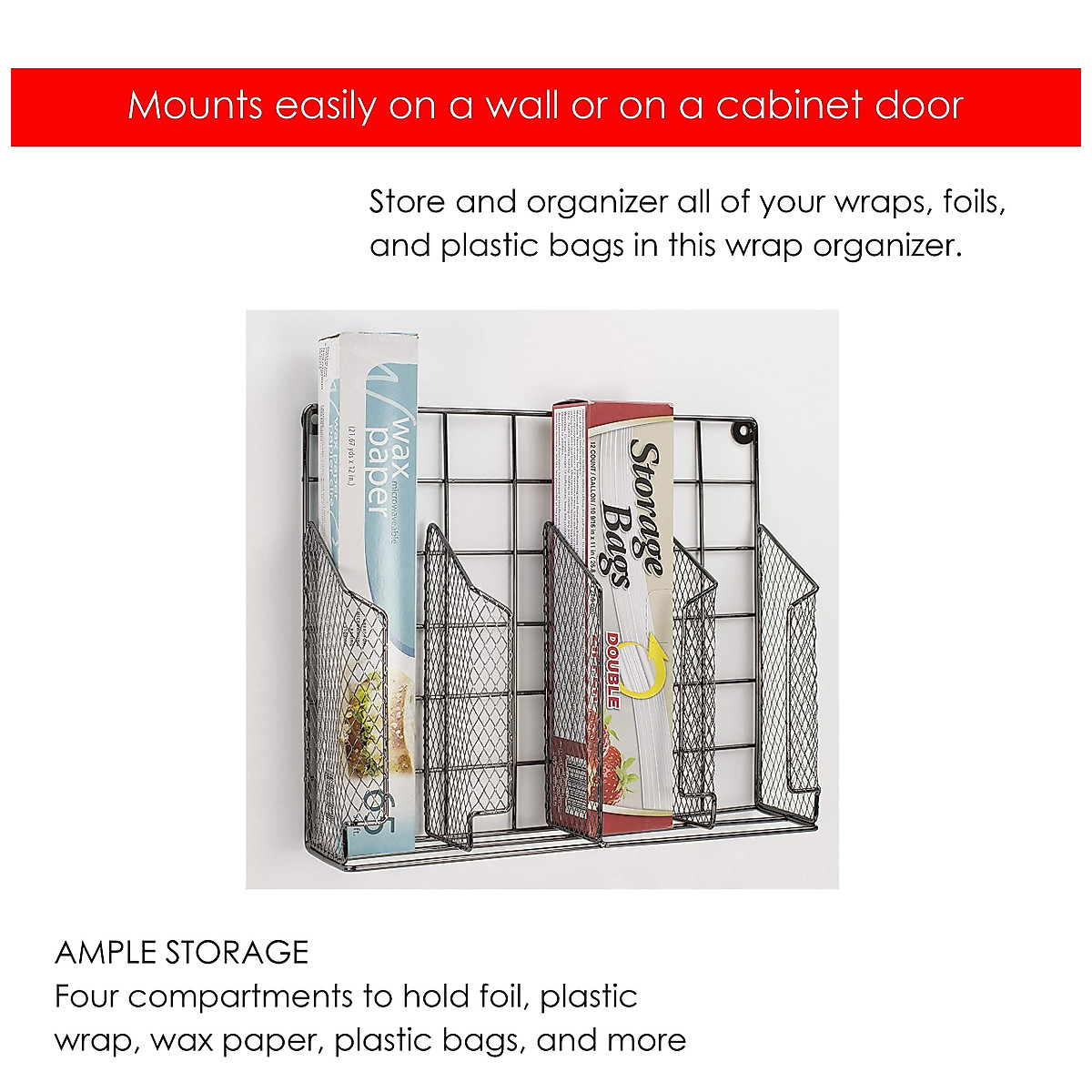 Home Basics Stainless Steel Rust Resistant Wrap Organizer, Perfect for Food Storage Bags, Silver Foil, Wax Paper, Sandwich Bags, Plastic Wrap- Mounts to Cabinet Door or Wall. Onyx/Black Finish